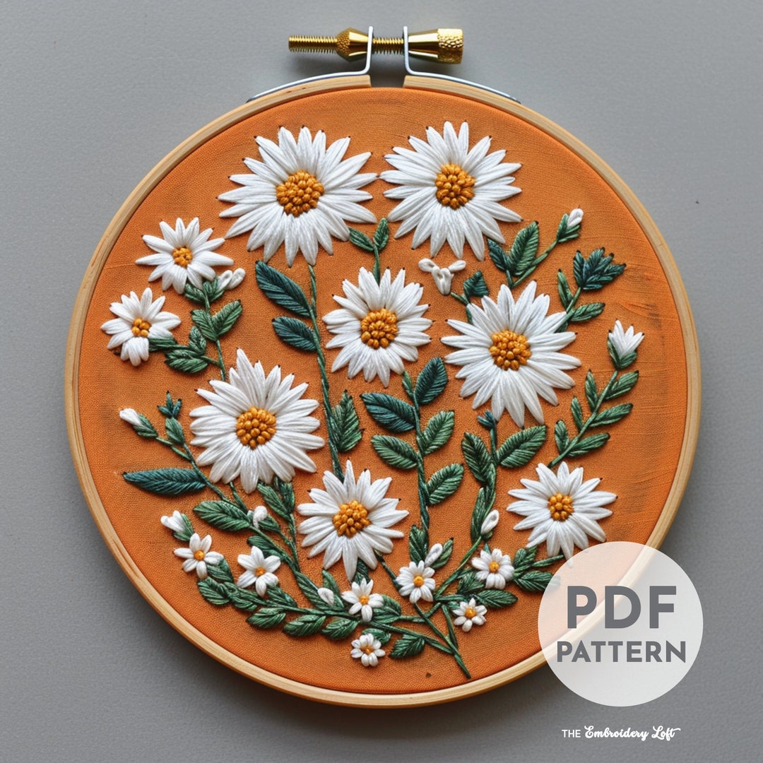 White Daisies Hand Embroidery Pattern, Daisies Pattern, White Flowers ...