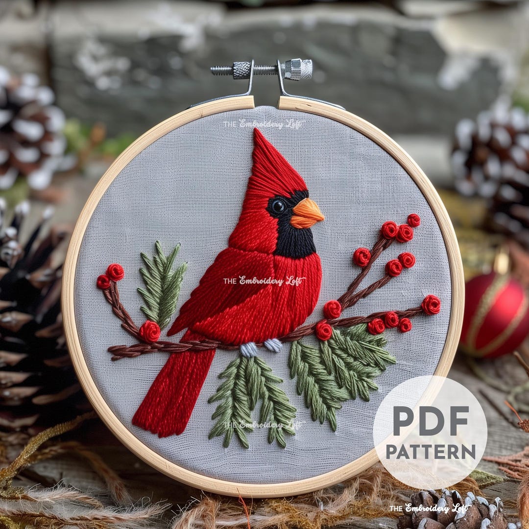 Red Cardinal Hand Embroidery Pattern, Red Cardinal Pattern, Christmas ...