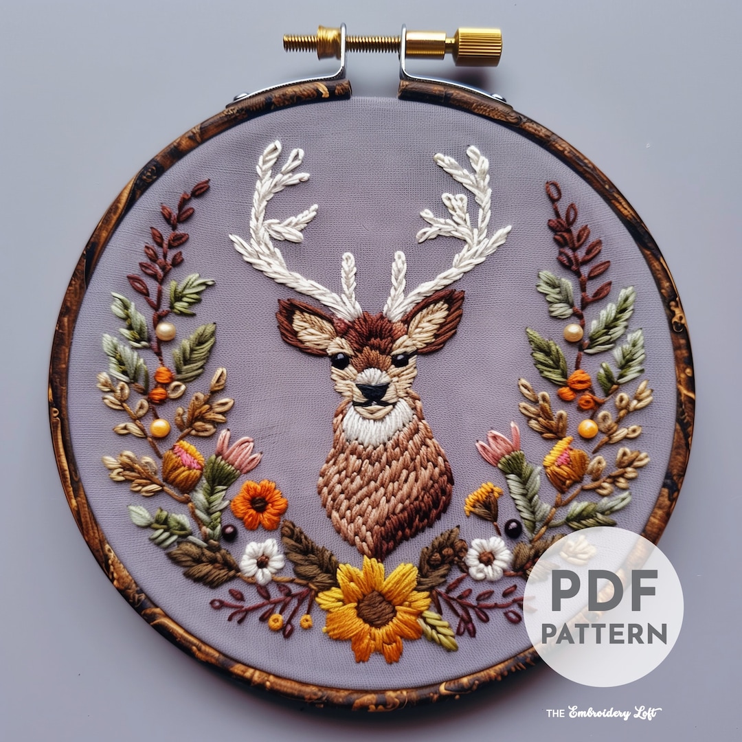 Woodland Deer Hand Embroidery Pattern, Deer Pattern, Floral Deer ...