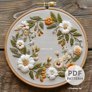 Orange and White Wreath Hand Embroidery Pattern, Flower Design, Flower ...