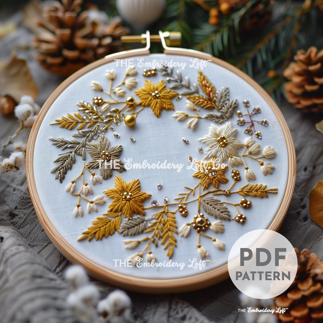 Golden Winter Wreath Hand Embroidery Pattern, Christmas Embroidery ...