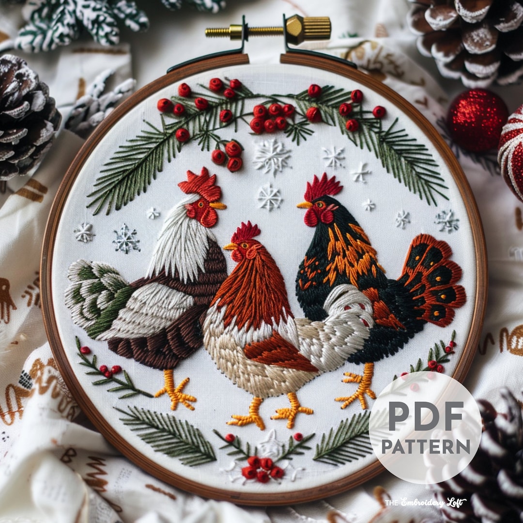 Three French Hens Hand Embroidery Pattern, Twelve Days of Christmas ...