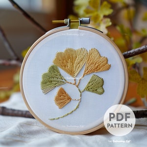 Ginkgo Leaves Hand Embroidery Pattern, Ginkgo Biloba Leaf Pattern, Ginkgo Tree Pattern, Japanese ...