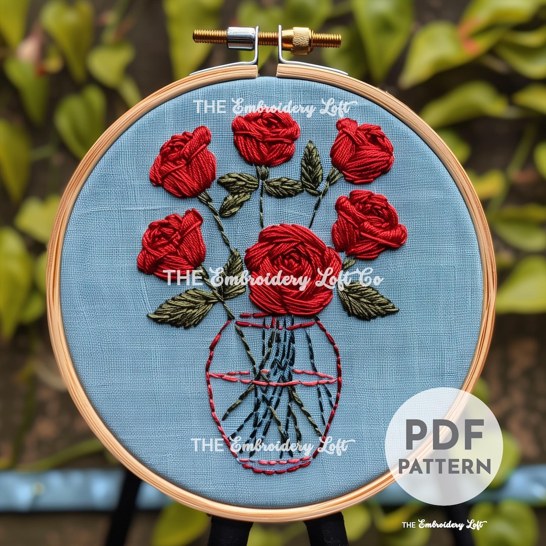 Vase of Roses Hand Embroidery Pattern, Red Roses Embroidery Pattern ...