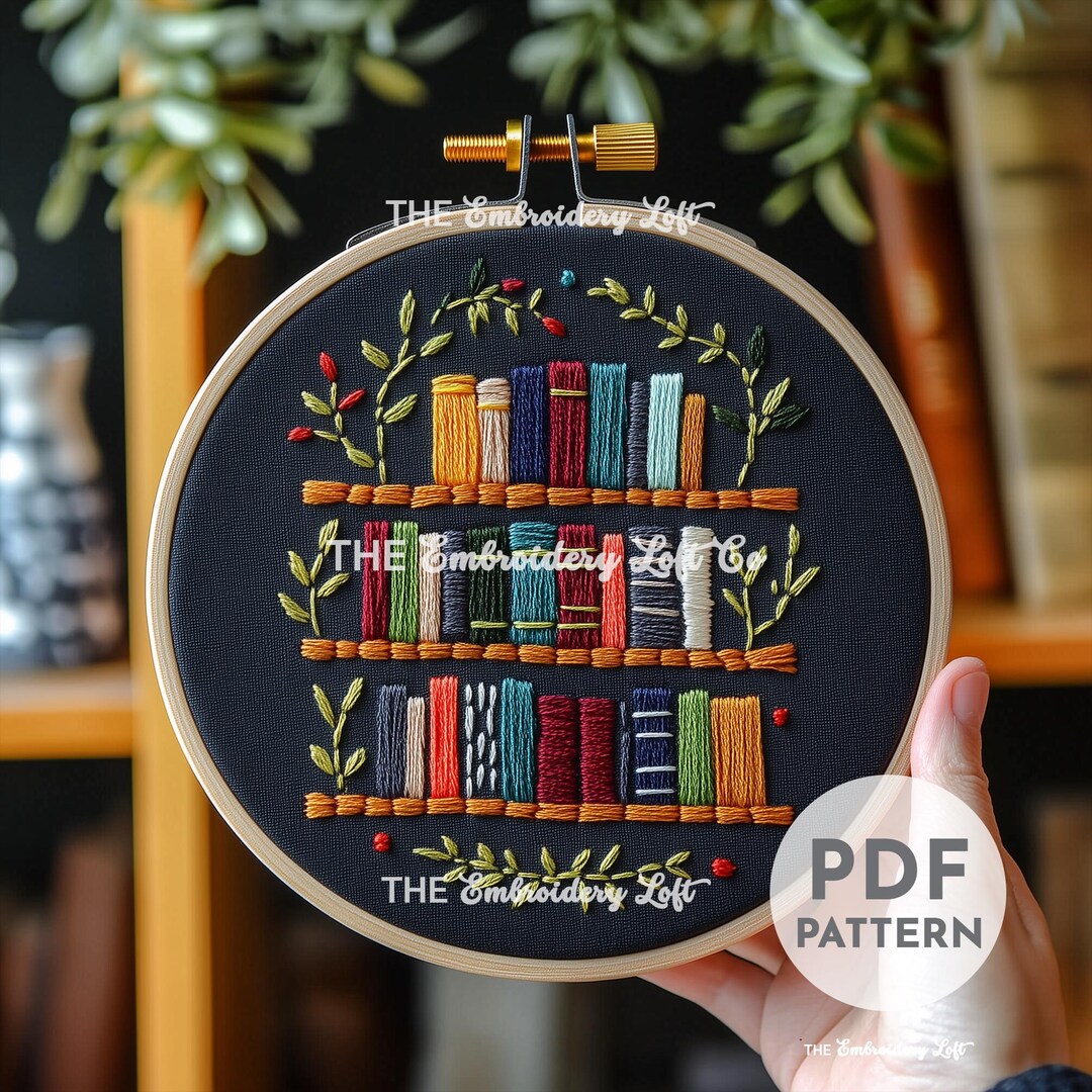 Floral Bookshelf Hand Embroidery Pattern, Book Lover Embroidery, Floral ...