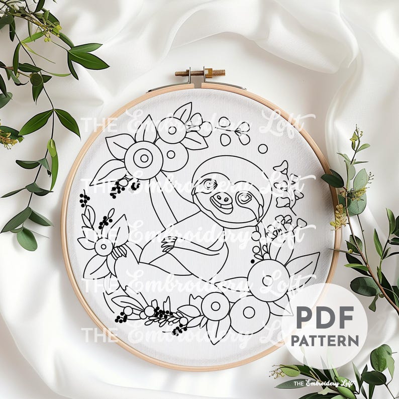 Floral Sloth Hand Embroidery Pattern, Sloth Pattern, Cute Sloth Pattern ...