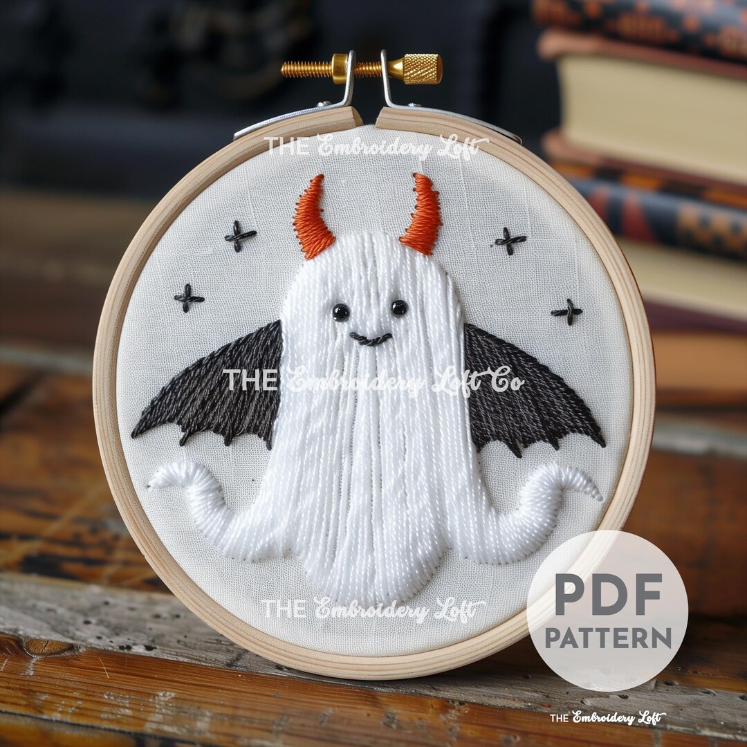 Devil Ghost Hand Embroidery Pattern, Ghost With Devil Horns and Bat ...