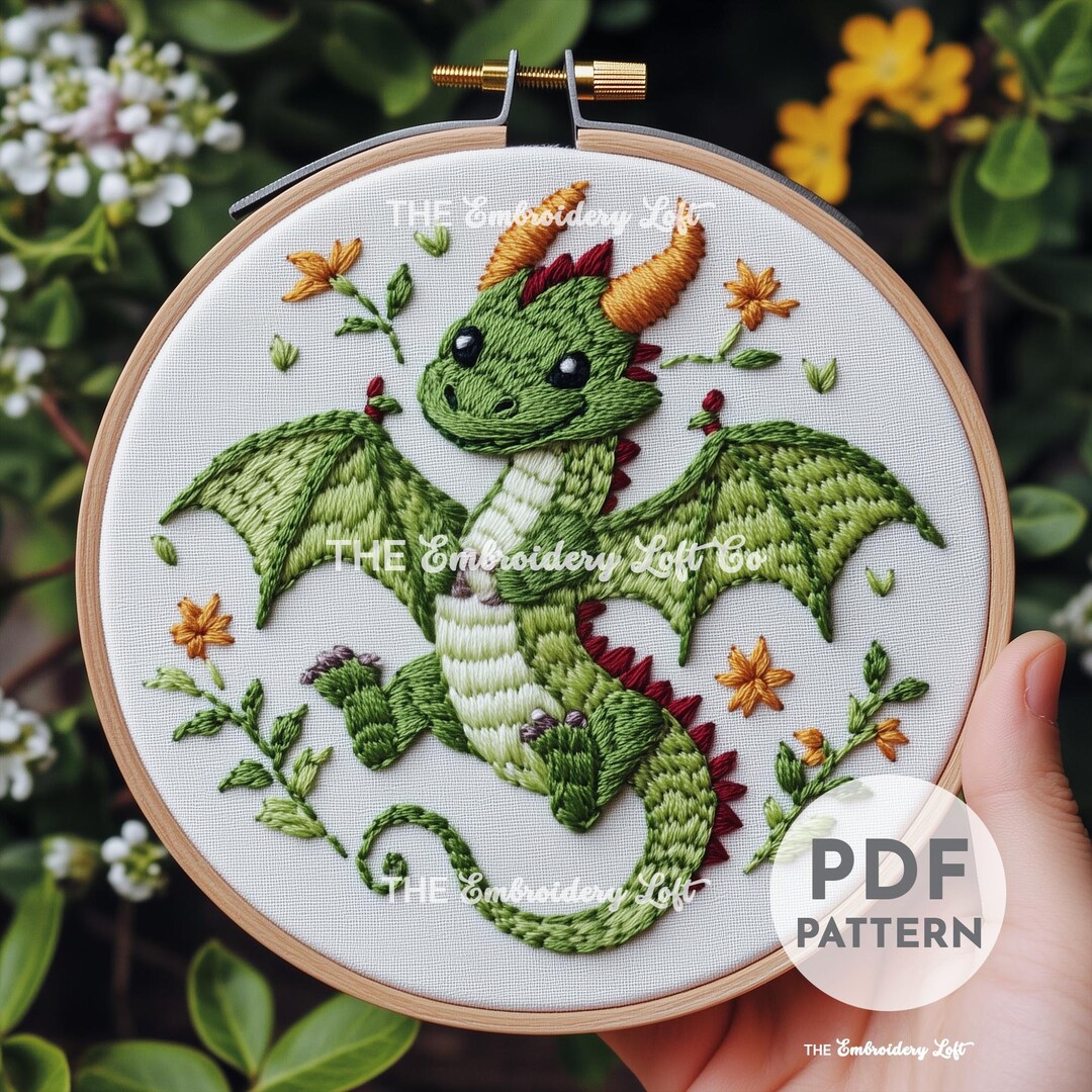 Green Baby Dragon Hand Embroidery Pattern, Dragon Embroidery Pattern ...