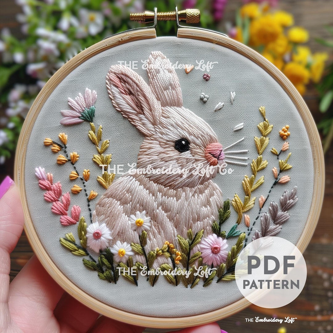 Easter Bunny Hand Embroidery Pattern, Floral Rabbit Embroidery, Easter ...