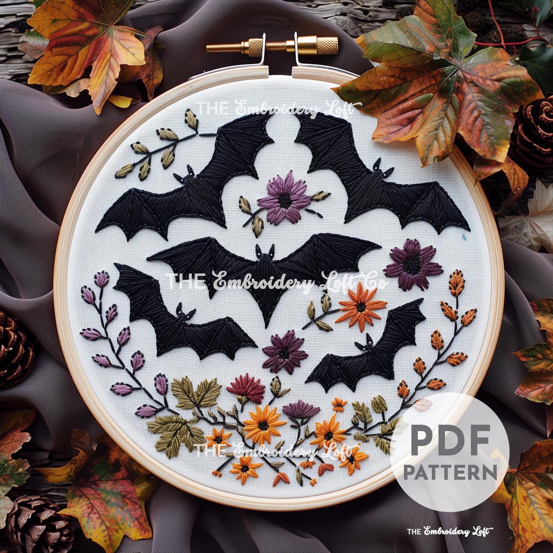 Floral Bats Hand Embroidery Pattern, Halloween Embroidery Pattern, Bats ...
