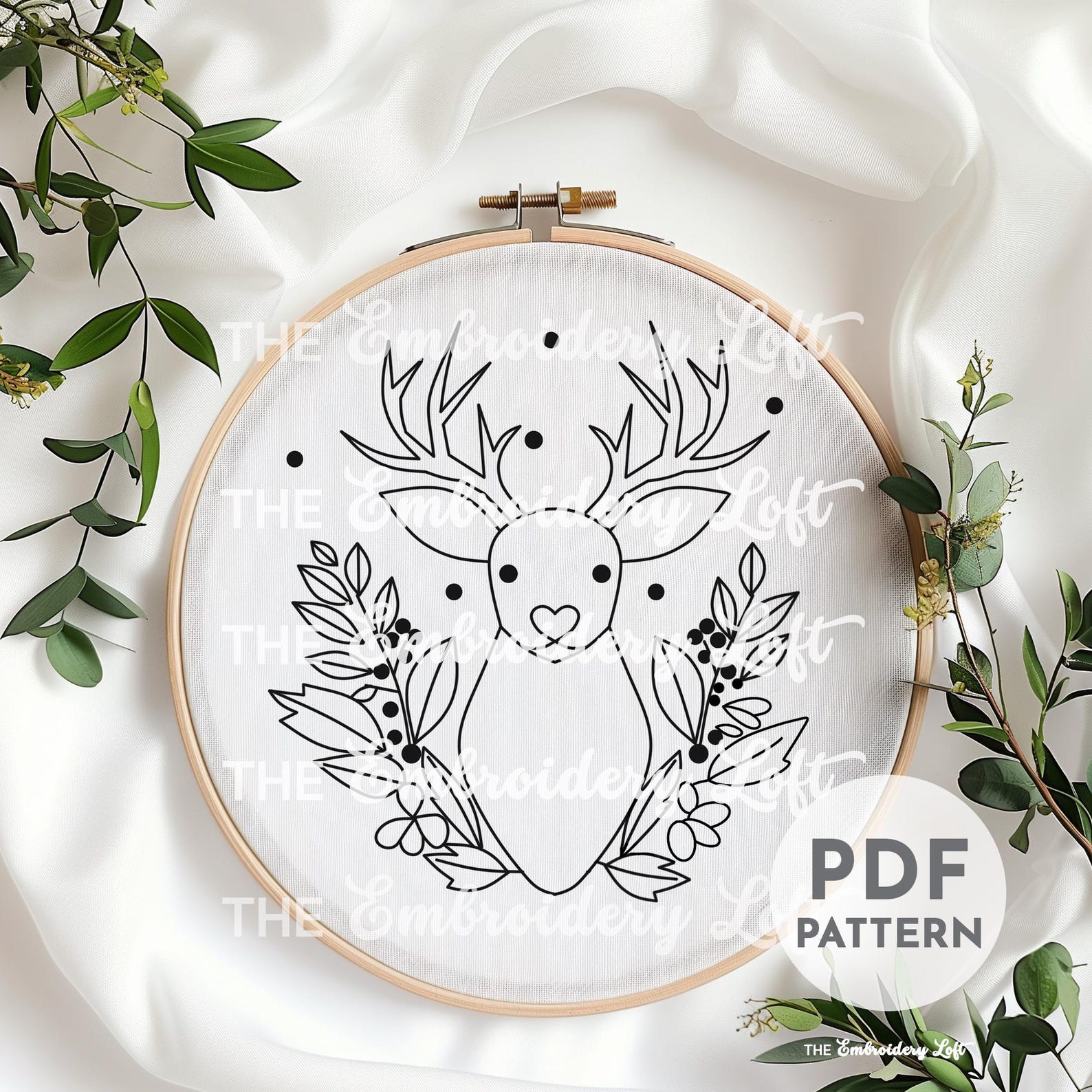 White Reindeer Hand Embroidery Pattern, Christmas Embroidery Decor ...