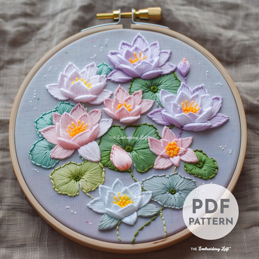 Pastel Water Lilies Hand Embroidery Pattern, Lily Pad Pattern, Water ...