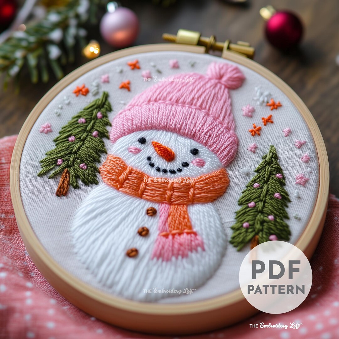 Pink Snowman Hand Embroidery Pattern, Pink Christmas Decor, Beginner ...