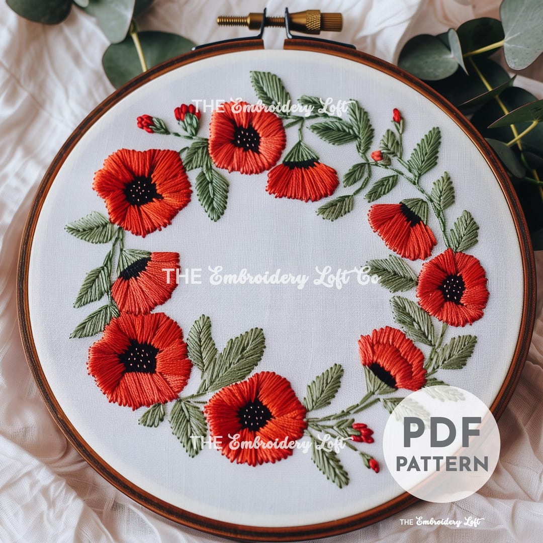 Poppy Wreath Hand Embroidery Pattern, Red Poppies Wreath, Poppy Flower ...