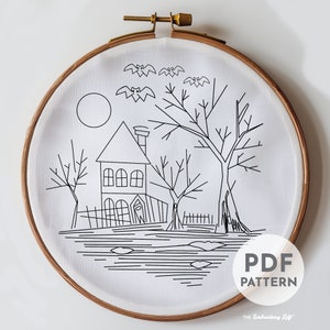 Haunted House Hand Embroidery Pattern, Spooky Embroidery, Halloween ...