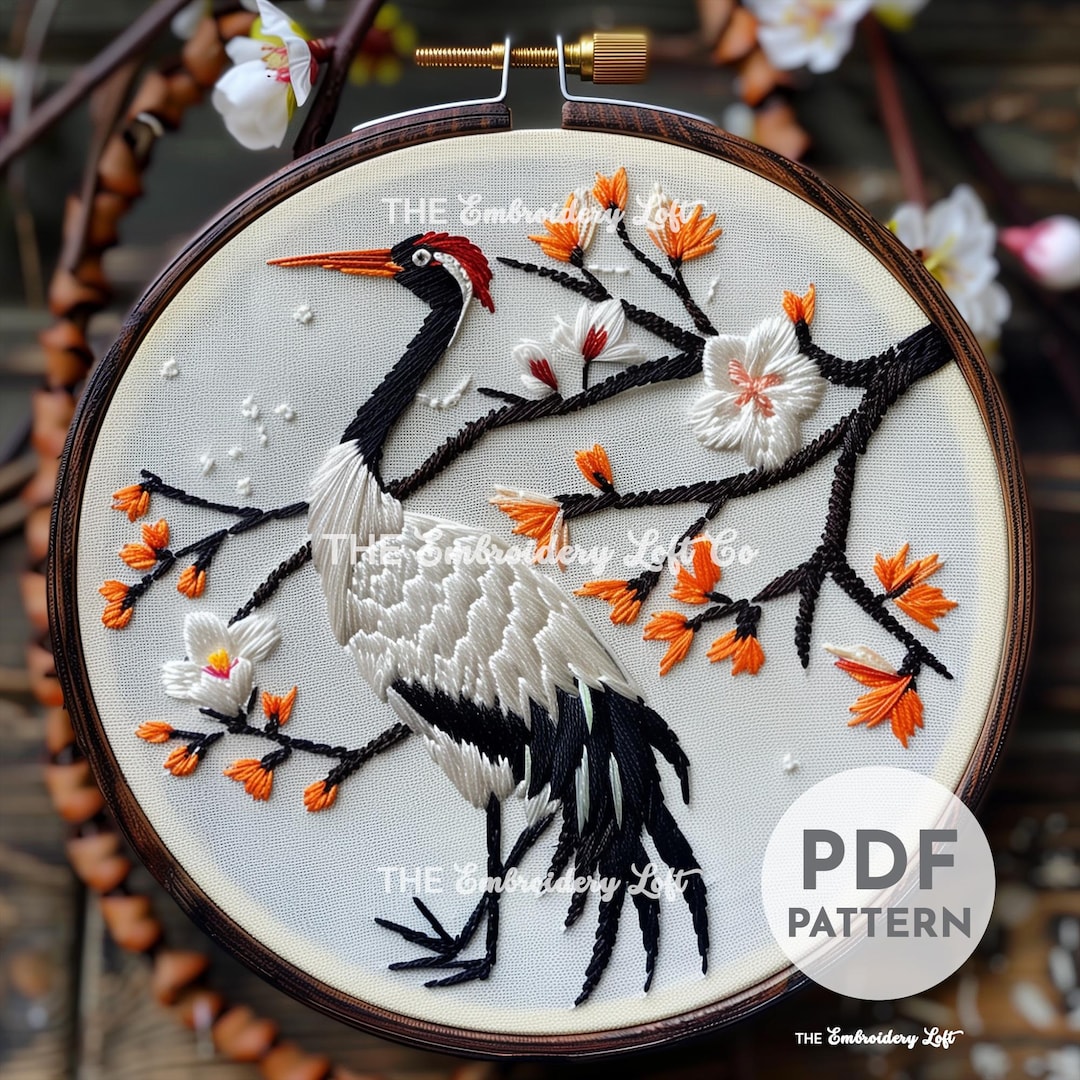 Crane Hand Embroidery Pattern, Crane Bird Pattern, Japanese Embroidery ...