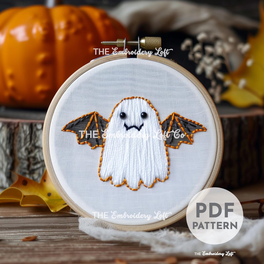 Batty Ghost Hand Embroidery Pattern, Halloween Pattern, Ghost With Bat ...