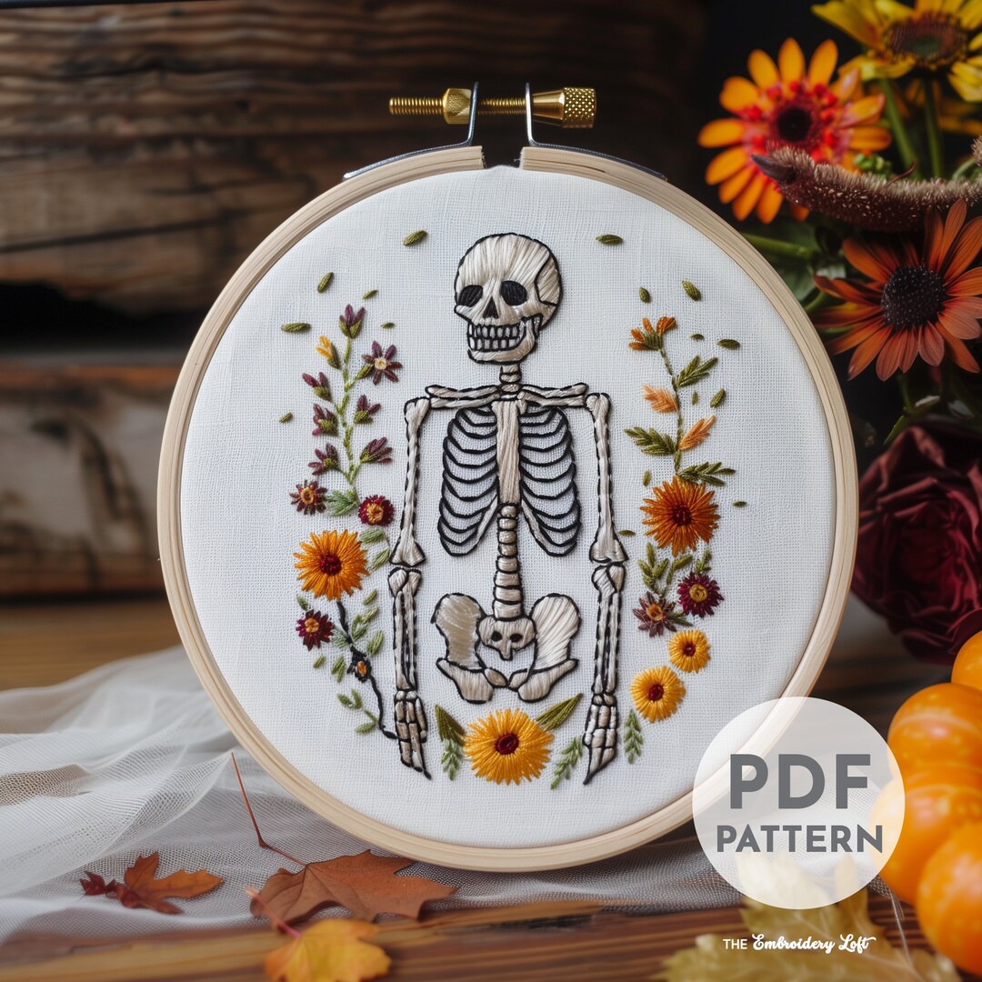 Spooky Skeleton Hand Embroidery Pattern, Skeleton Embroidery, Halloween ...