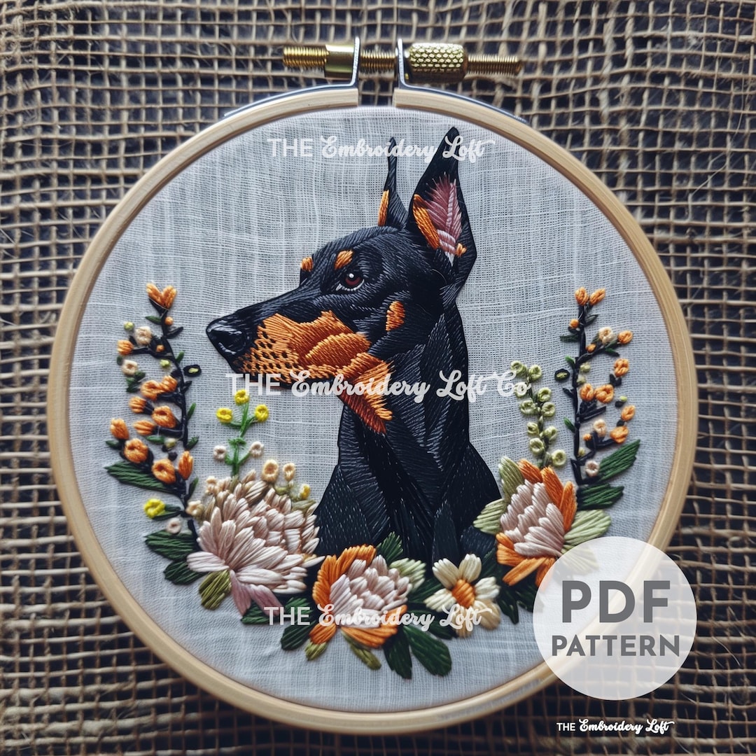 Dobermann Hand Embroidery Pattern, Dobermann Design, Dog Embroidery ...