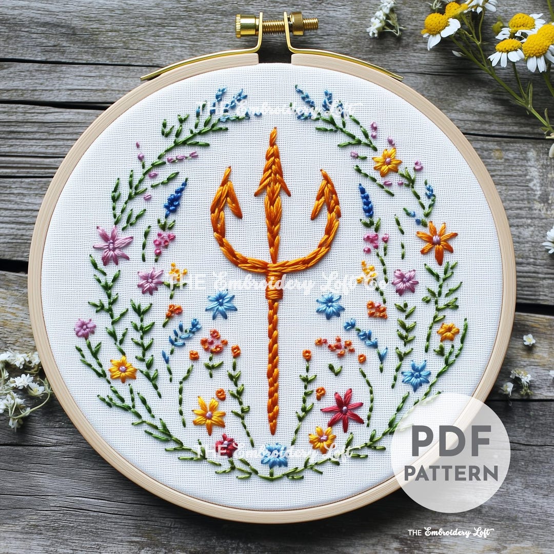 Floral Trident Hand Embroidery Pattern, Nautical Embroidery Pattern ...