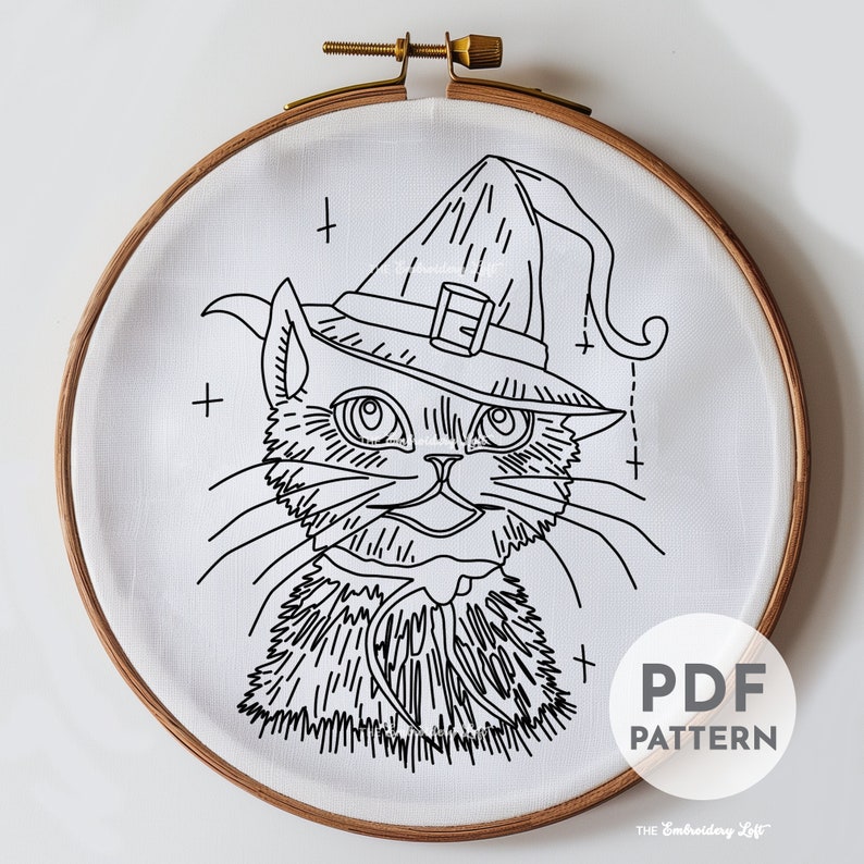 Witchy Cat Hand Embroidery Pattern, Witchy Black Cat Embroidery Pattern ...