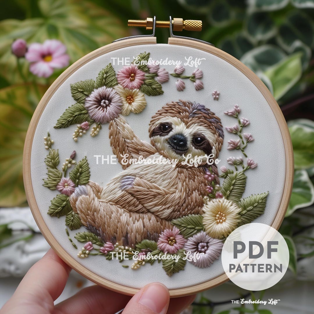 Floral Sloth Hand Embroidery Pattern, Sloth Pattern, Cute Sloth Pattern ...