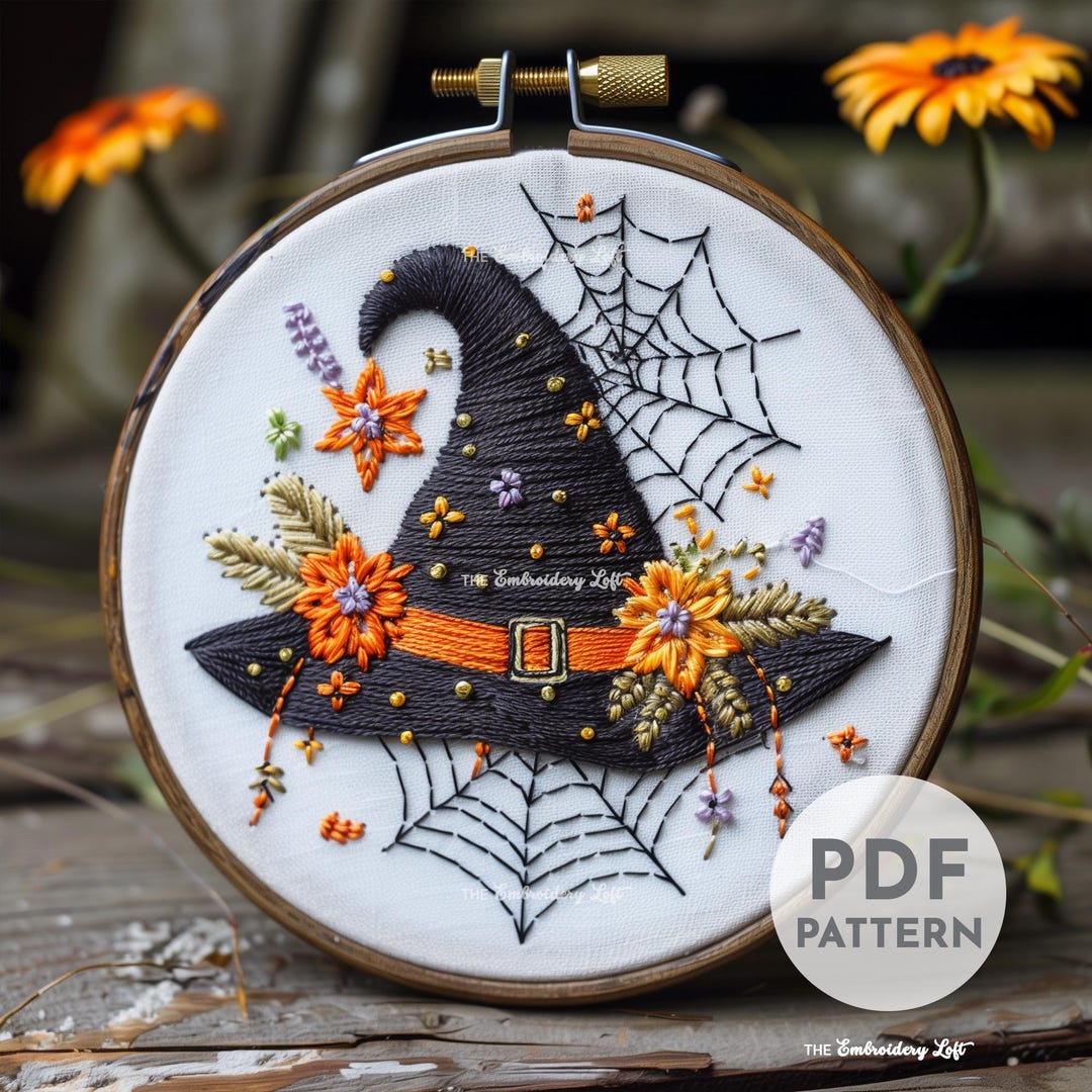 Floral Witch Hat Hand Embroidery Pattern, Autumn Embroidery Pattern ...
