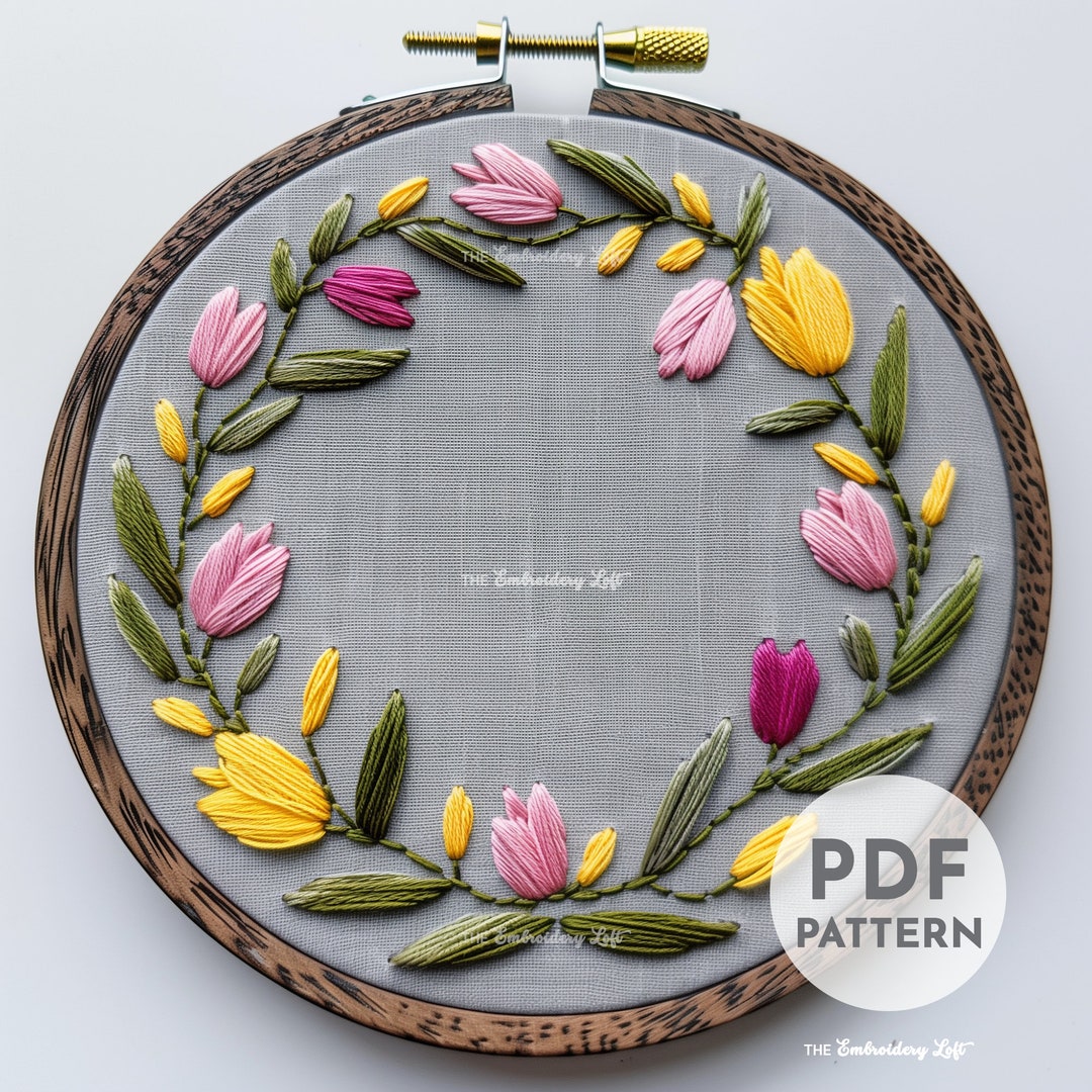 Tulip Wreath Hand Embroidery Pattern, Tulip Flower Botanical Art ...