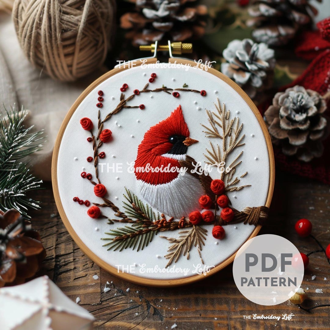 Red Cardinal Hand Embroidery Pattern, Gift for Bird Lovers, Red ...