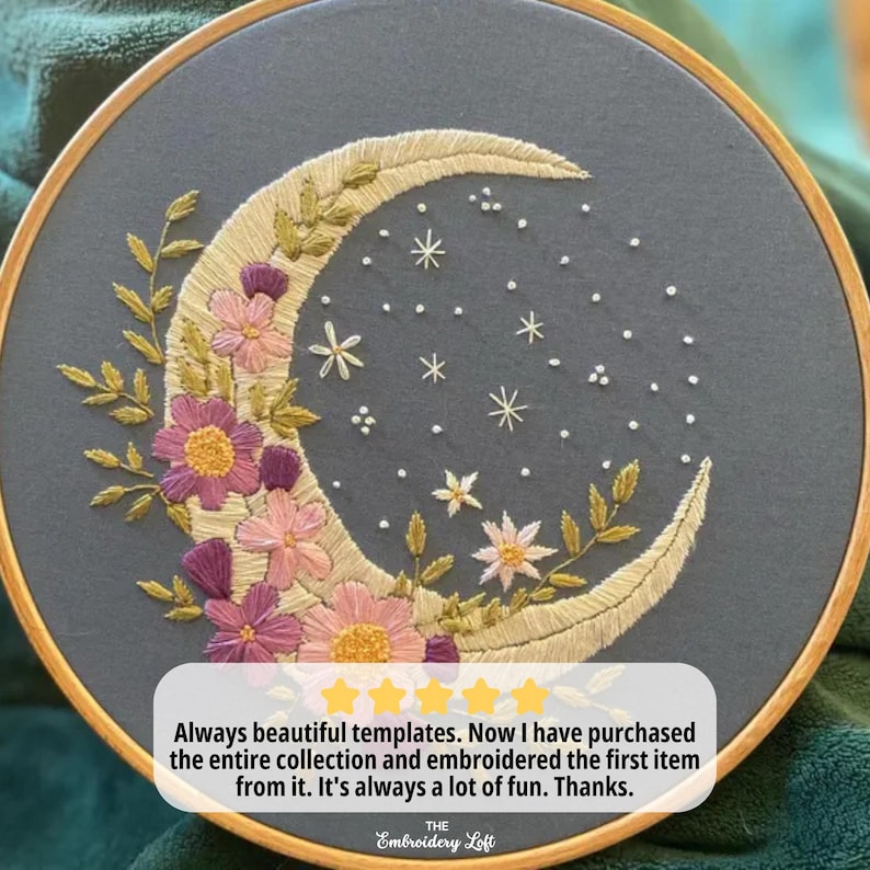 Floral Moon Hand Embroidery Pattern, Wiccan Moon, Mystical Crescent ...