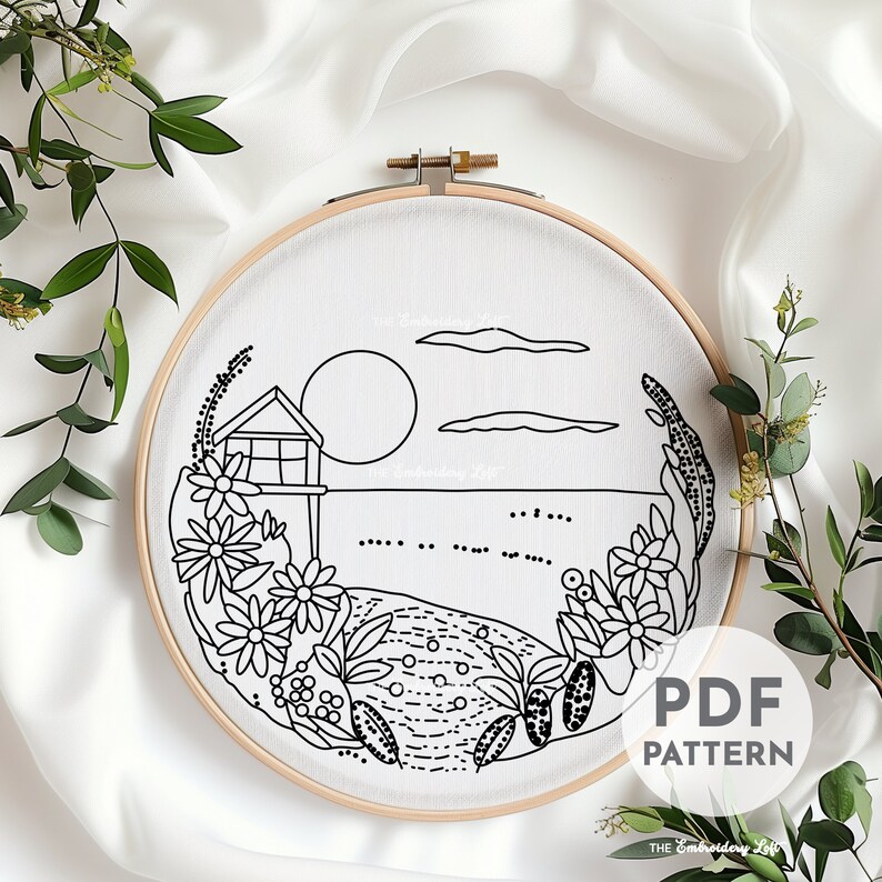 Ocean View Hand Embroidery Pattern, Ocean Embroidery Pattern, Beach ...