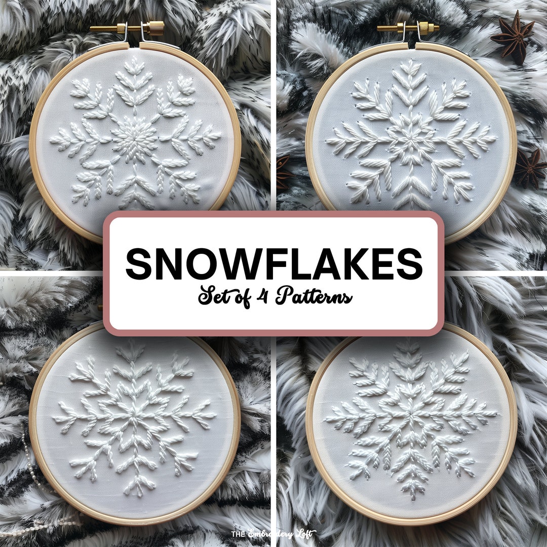 Set of 4 White Snowflake Hand Embroidery Patterns, Christmas Embroidery ...