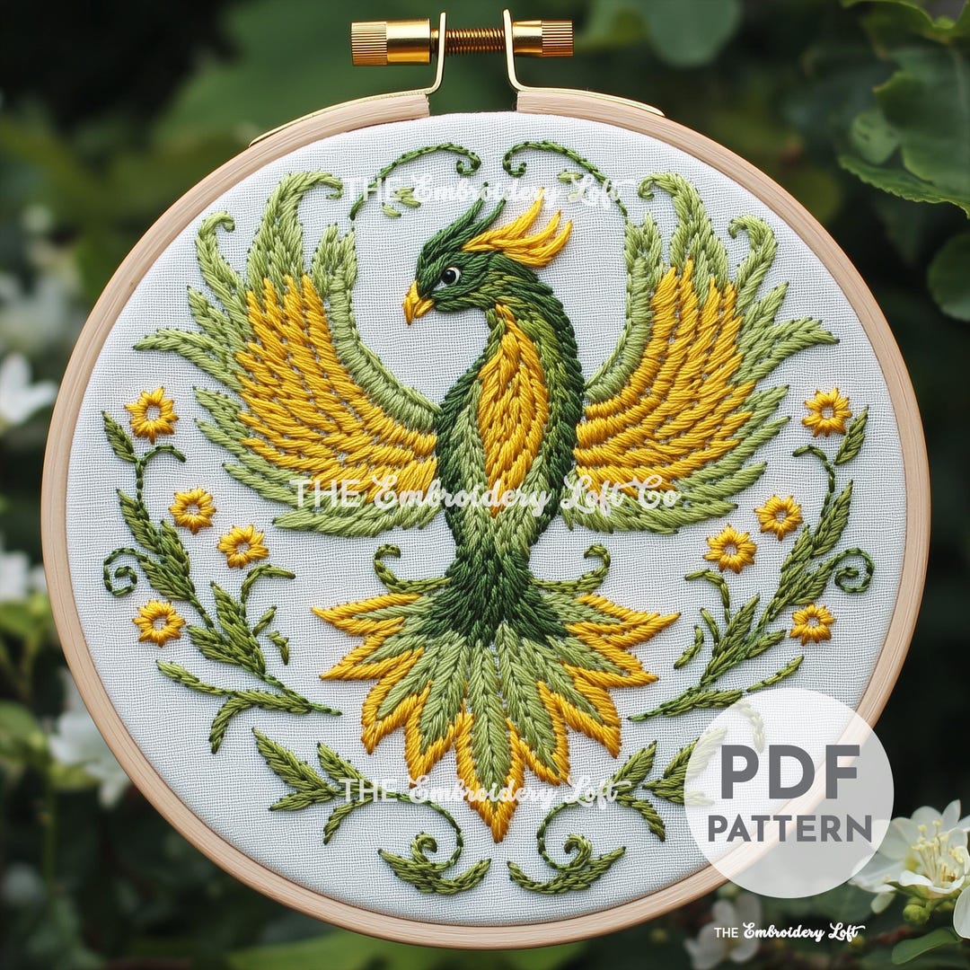 Green Phoenix Hand Embroidery Pattern, Phoenix Embroidery Pattern ...