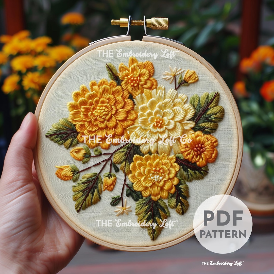 Chrysanthemum Hand Embroidery Pattern, Yellow Flowers Embroidery ...