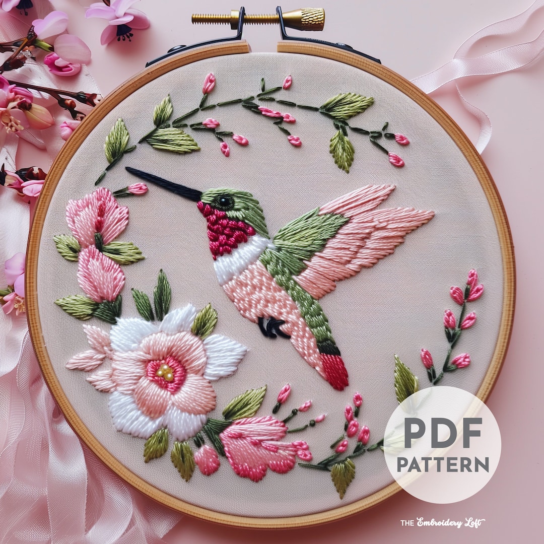 Spring Hummingbird Hand Embroidery Pattern, Hummingbird Pattern, Spring ...