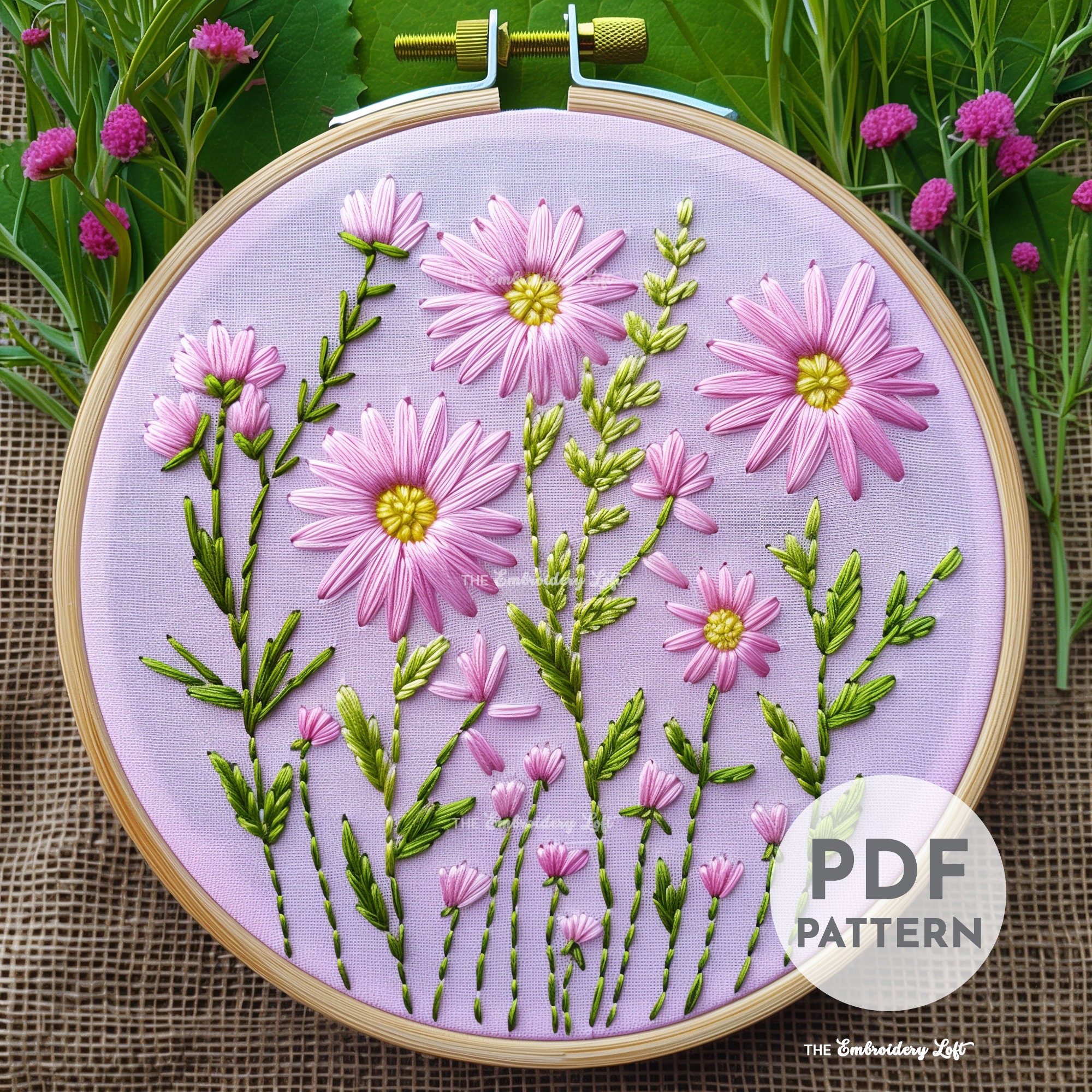Pink Daisies Hand Embroidery Pattern, Daisies Pattern, Pink Flowers ...