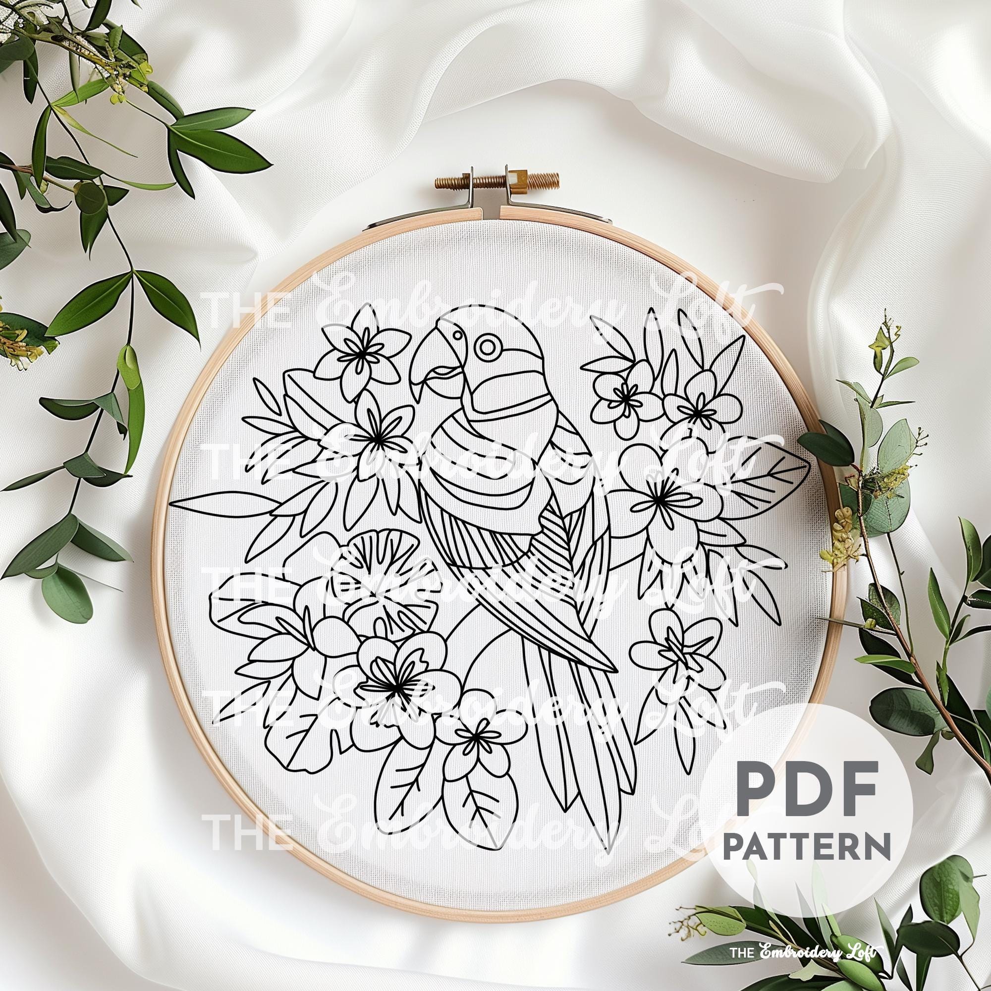 Indian Ring-necked Parakeet Hand Embroidery Pattern, Blue Parrot ...