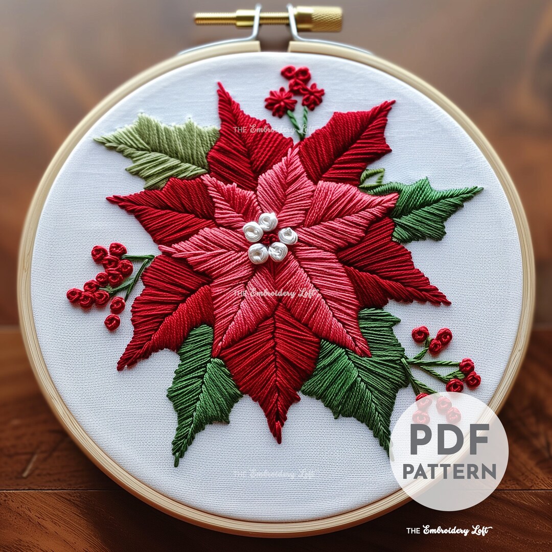 Poinsettia Hand Embroidery Pattern, Christmas Embroidery Pattern ...