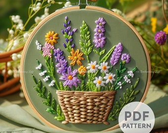 Flower Basket Hand Embroidery Pattern, Basket of Blossoms, Floral ...