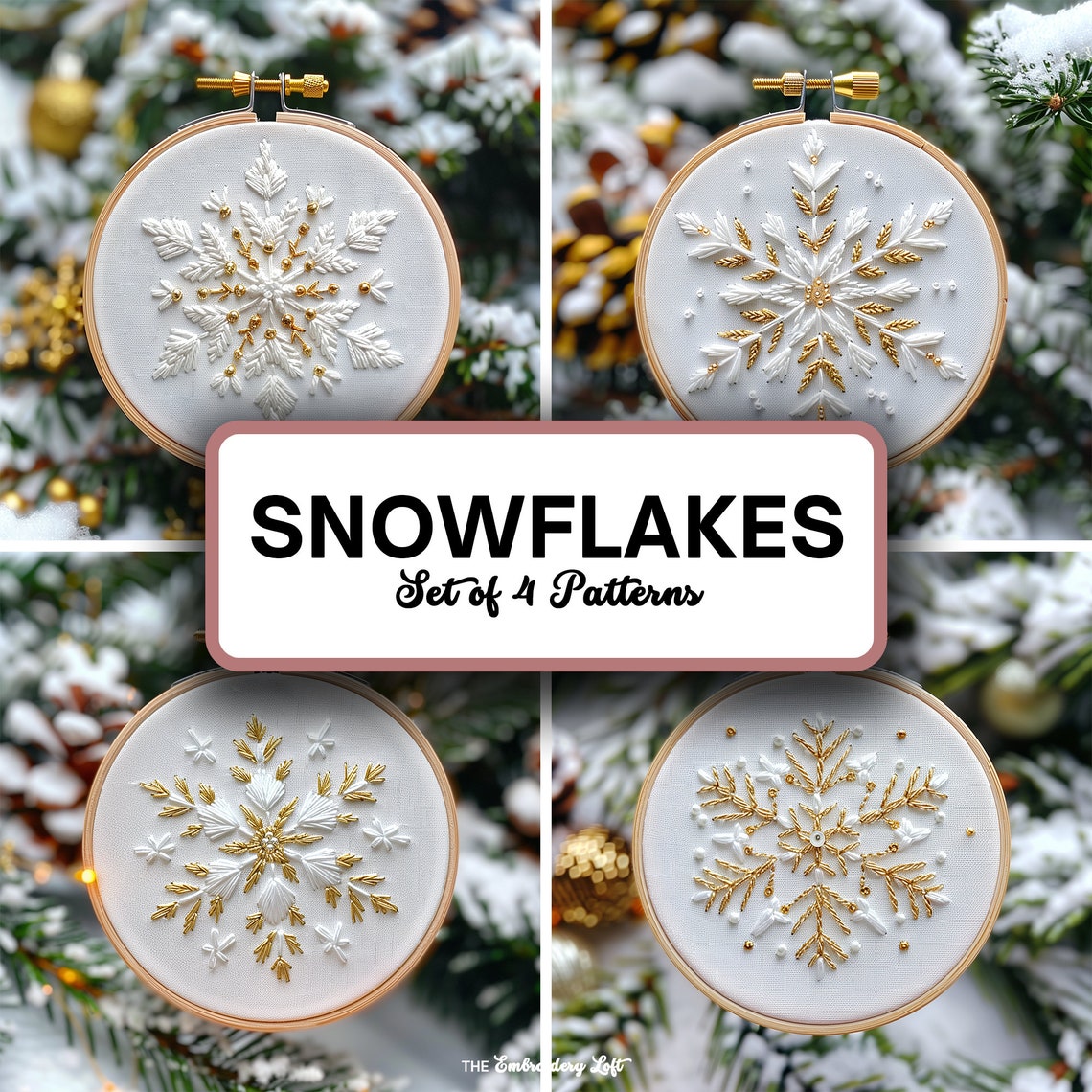 Set of 4 Gold and White Snowflake Hand Embroidery Patterns, Christmas ...