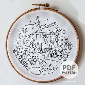 Dutch Windmill Hand Embroidery Pattern, Windmill and Flowers, Windmill ...