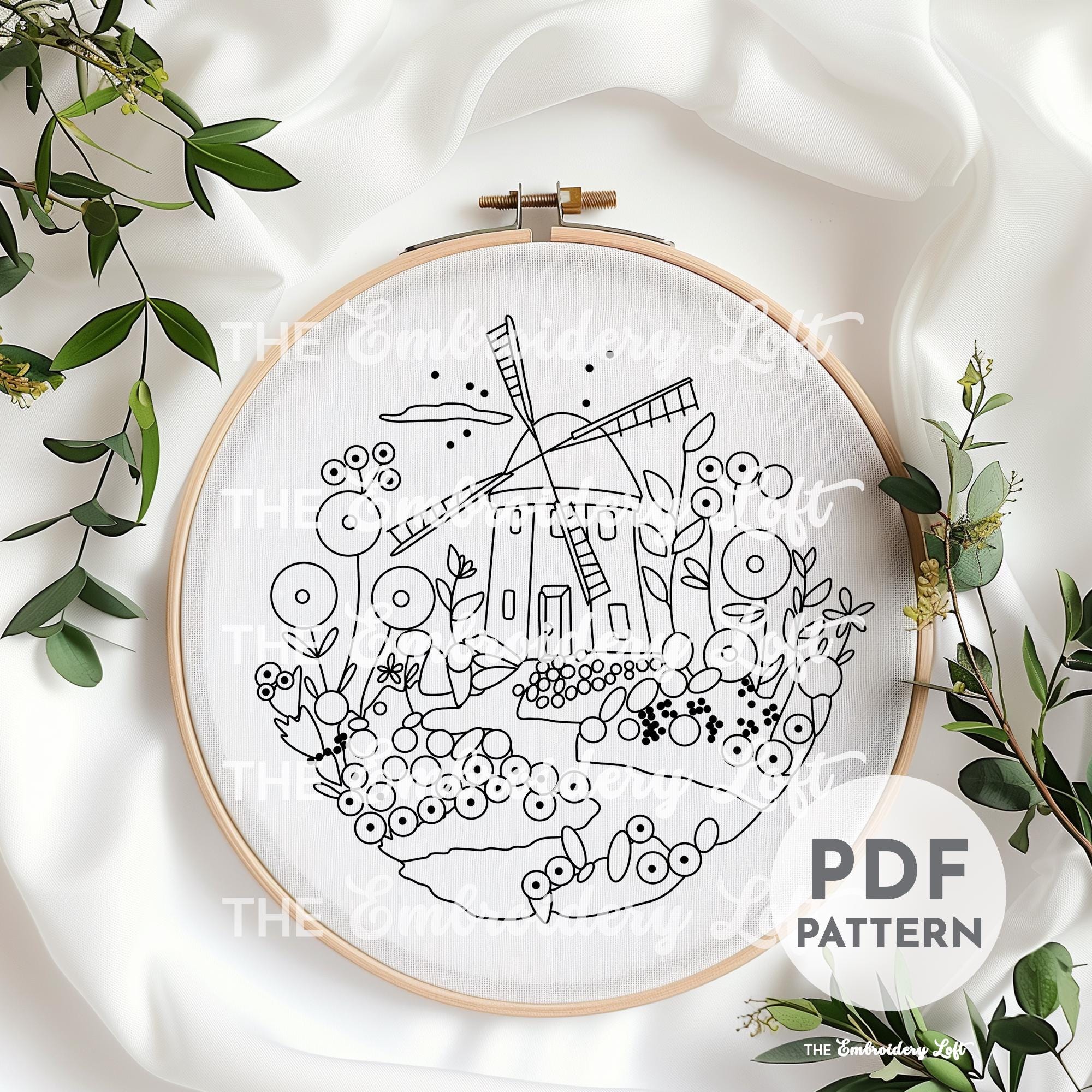 Dutch Windmill Hand Embroidery Pattern, Windmill and Flowers, Windmill ...
