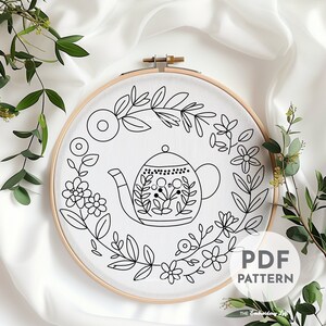 Floral Tea Pot Hand Embroidery Pattern, Tea Pot Embroidery Pattern, Tea ...