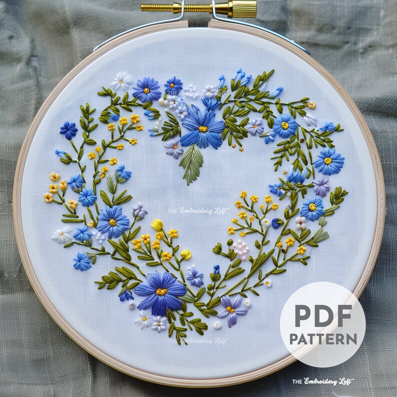 Blue Floral Heart Wreath Hand Embroidery Pattern, Heart Shaped Wreath ...