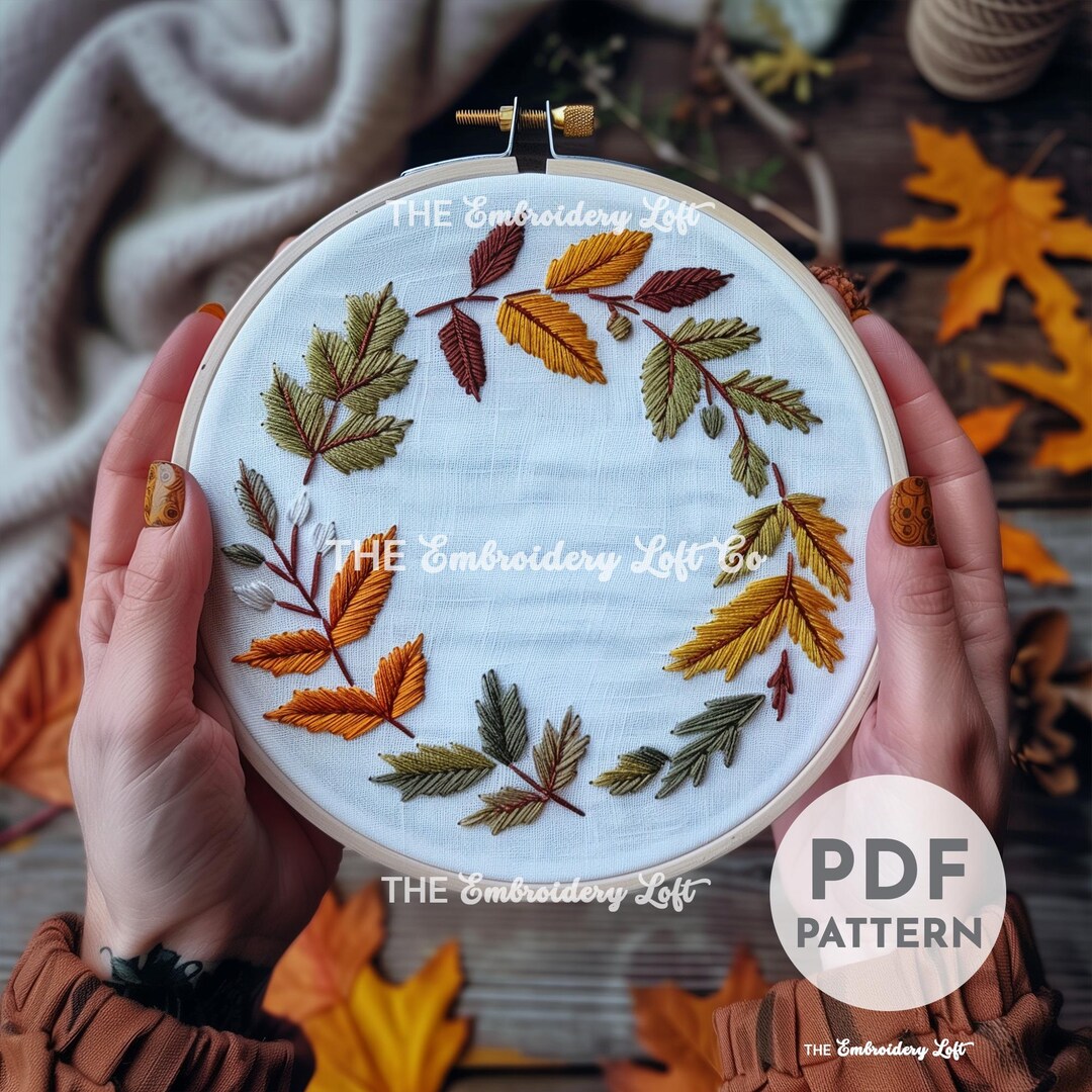 Fall Leaves Wreath Hand Embroidery Pattern, Autumn Leaves Embroidery ...