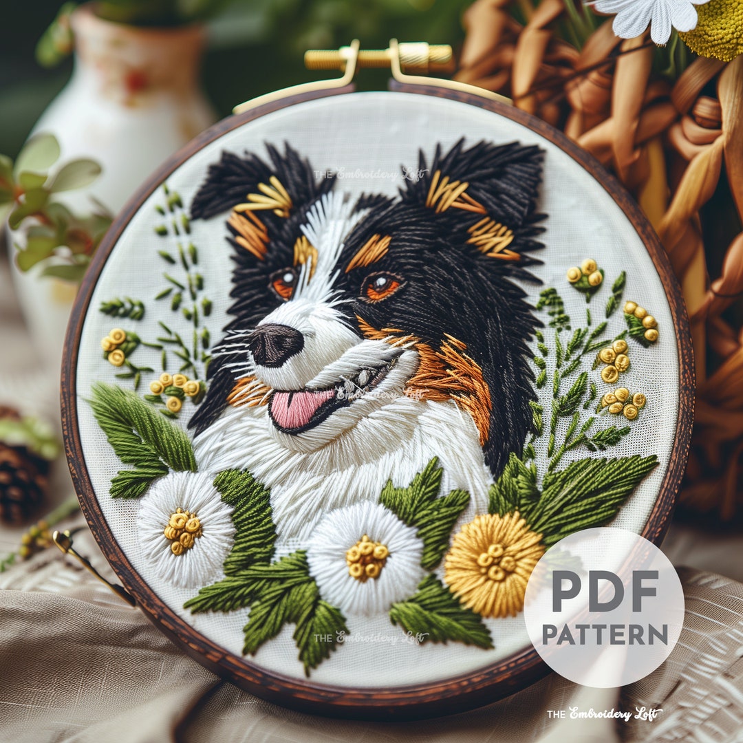 Border Collie Hand Embroidery Pattern, Herding Dog, Dog Embroidery, Pet ...
