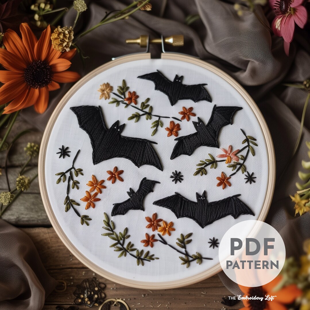 Floral Bats Hand Embroidery Pattern, Halloween Embroidery Pattern, Bats ...