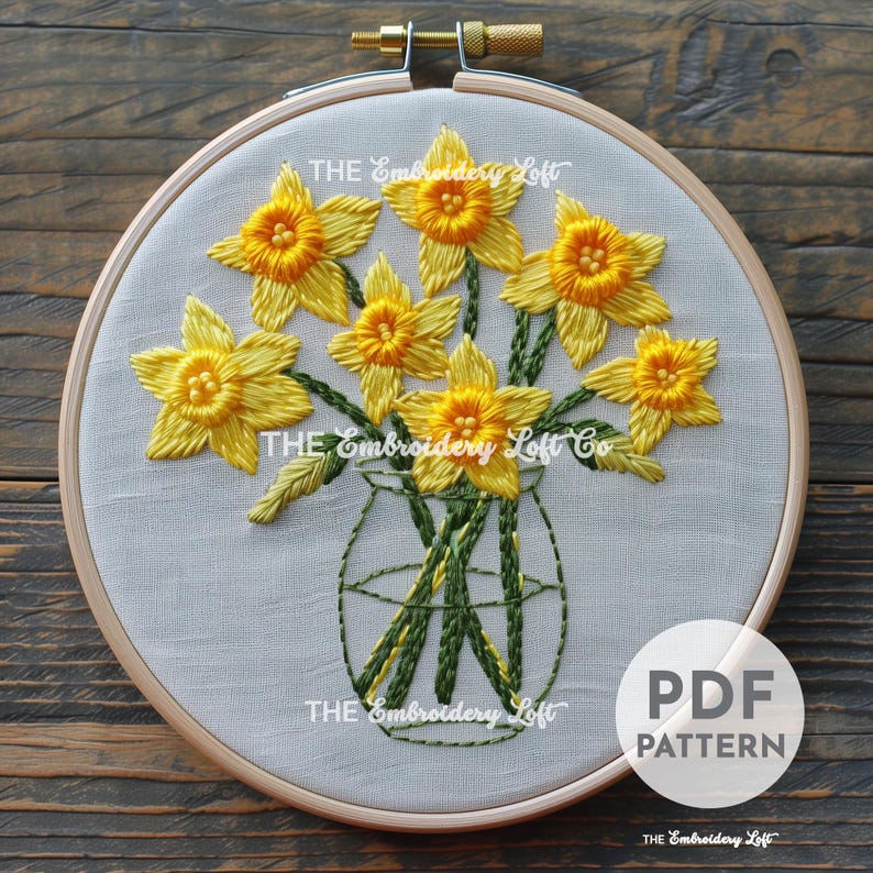 Vase of Daffodils Hand Embroidery Pattern, Yellow Daffodils Pattern ...