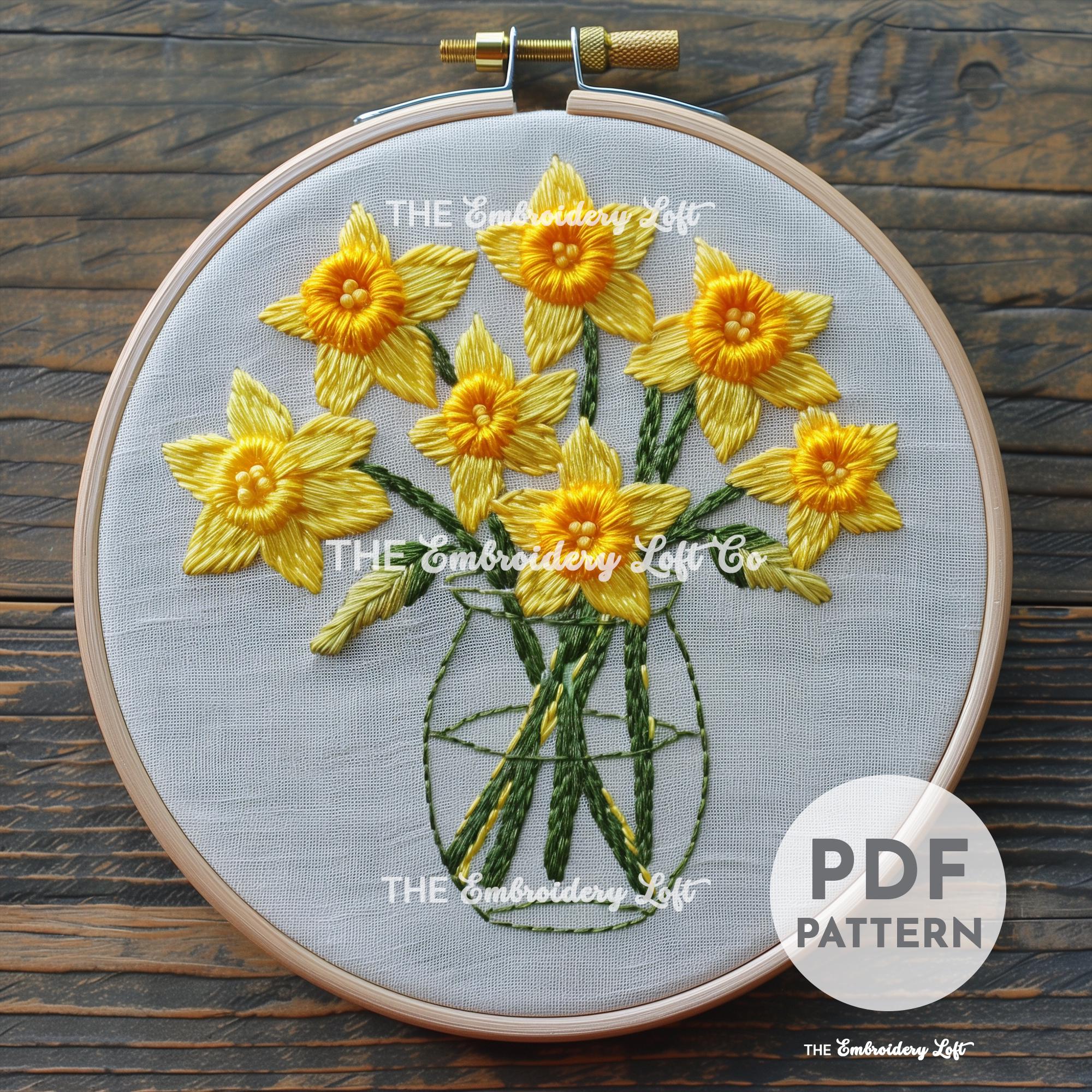 Vase of Daffodils Hand Embroidery Pattern, Yellow Daffodils Pattern ...