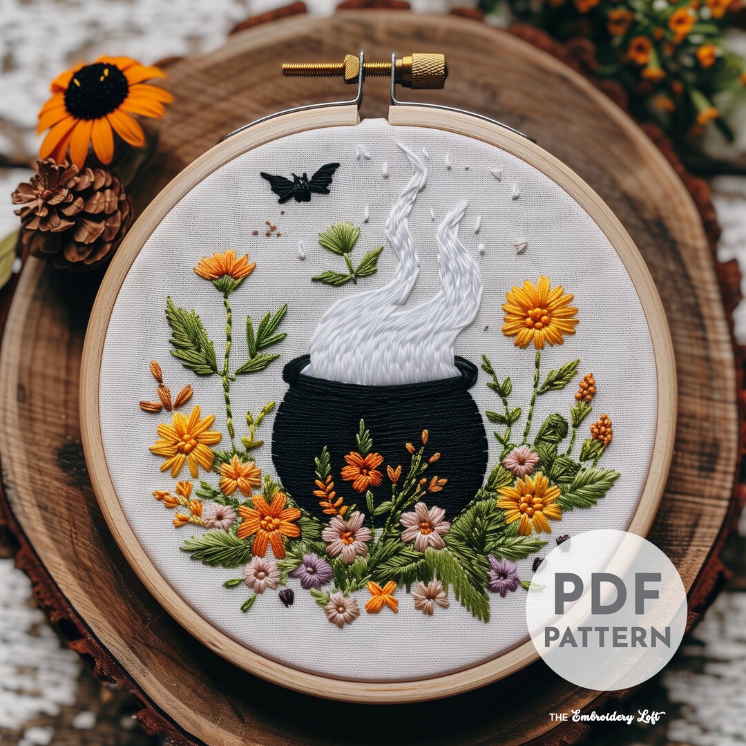 Floral Cauldron Hand Embroidery Pattern, Autumn Embroidery Pattern ...
